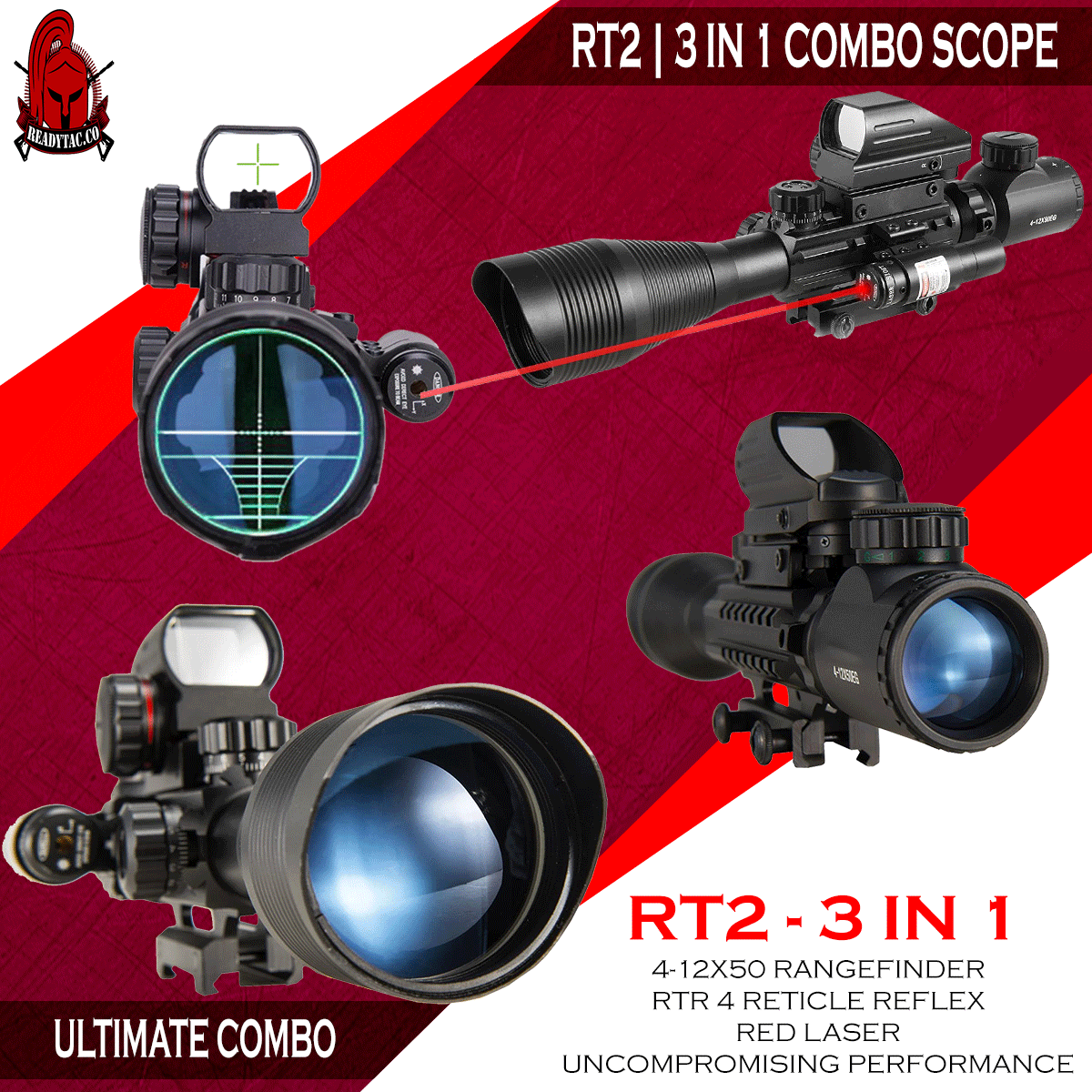 RT2 4-12x50 Rangefinder Scope | 4 Reticle RTR Reflex & Red Laser – ReadyTac